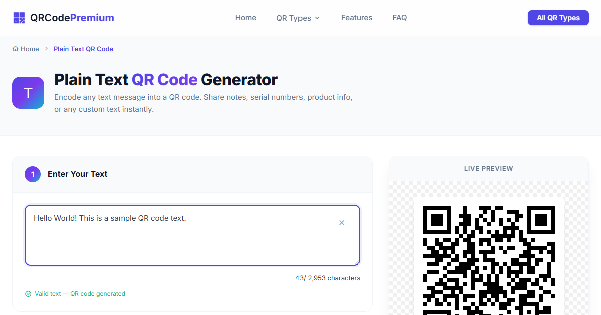 Plain Text QR Code Generator - Encode Any Text Message | QRCode Premium